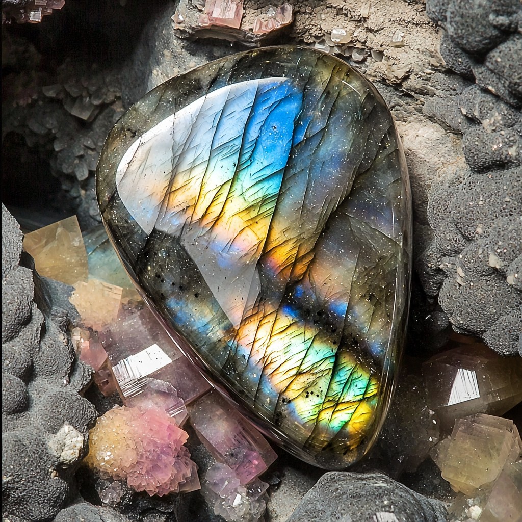 Labradorite flashes rainbow colors known as schiller effect!
